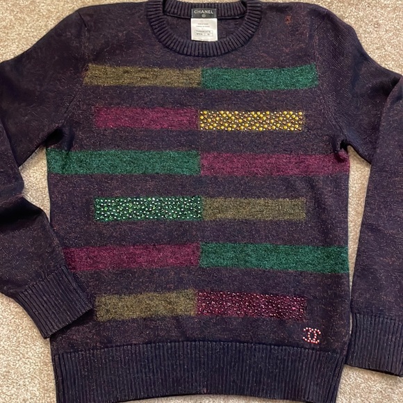 CHANEL | Sweaters | Chanel 2a Purple Sweater With Crystals Preloved ...